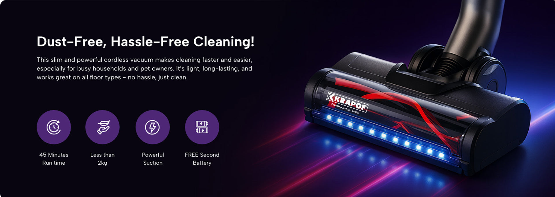 KRAPOF® Slim Power Cordless Stick Vacuum – KRAPOF Cleaning